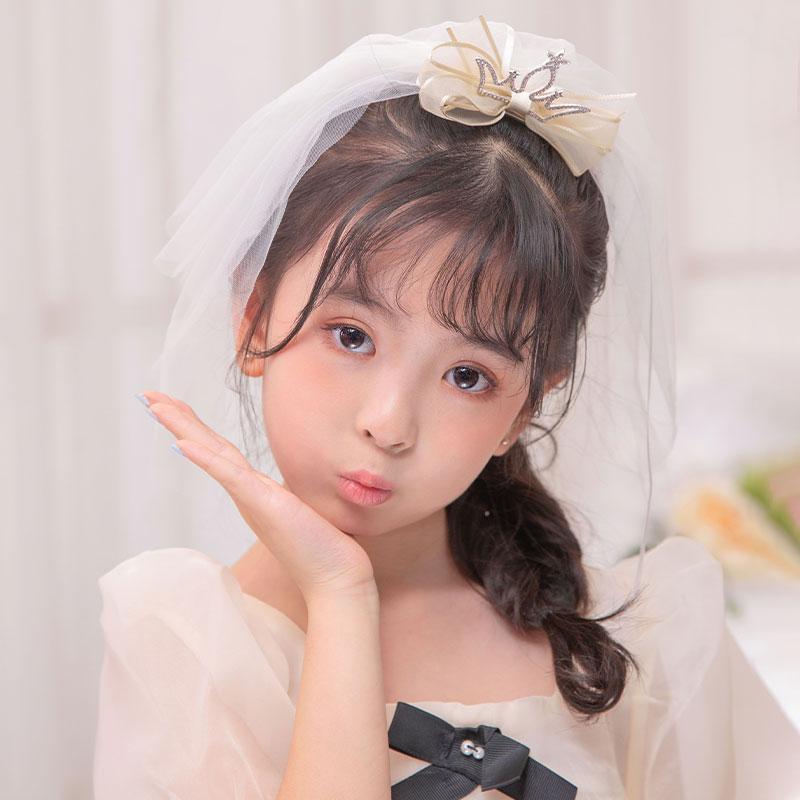 ベール 子供 女の子 かわいい クラウン ティアラ クリップ レース リボン ヘッドアクセサリー プリンセス 誕生日 パーティー 撮影 小道具 フェアリー ベージュ 青 ピンク