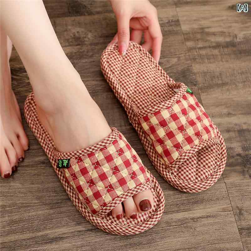 スリッパ 室内 家庭用 リビング 静音 メンズ レディース カップル 大人 綿 ソフトソール 春夏 オープントゥ チェック柄 赤 緑 紫 かわいい