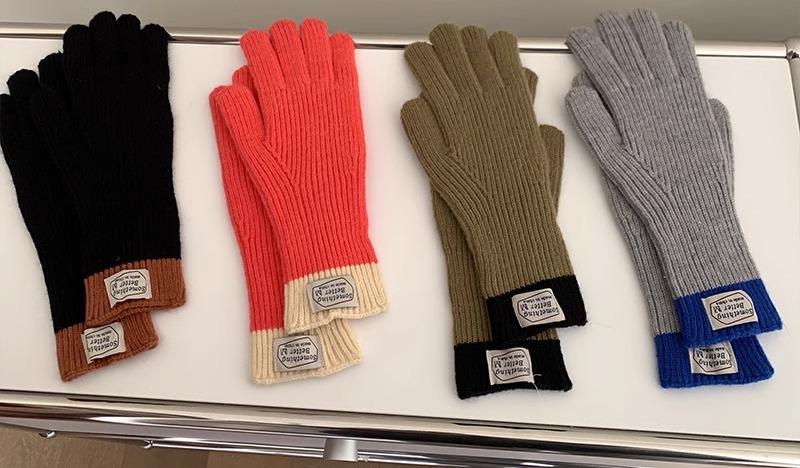 手袋 レディース 韓国 普段使い 外出用 冬 あ多々防寒 保温 厚手 スマホ対応 五本指 指抜き ニット シンプル 無地 ラベル 黒 グレー ピンク