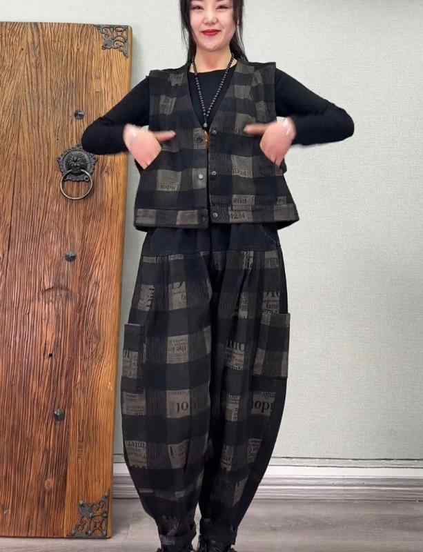 楽ちん ゆったり パンツ レディース 女性 春秋 セットアップ 上下 ベスト キャロット ハーレム カジュアル 普段使い デニム レトロ 黒 チェック アルファベット 柄 プリント ポケット