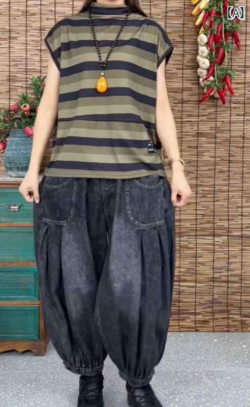 ウエストゴム ゆったり パンツ レディース カジュアル 上下セット 体型カバー ノースリーブ ストライプ Tシャツ デニム 緑 青 普段使い ポケット