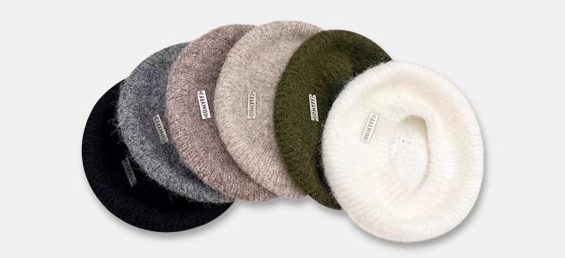 帽子 レディース 秋冬 モヘア ウール アイロン ラベル ニット ベレー帽 女性 暖かい ふわふわ もこもこ小顔効果 無地 アルファベット 文字 グリーン ホワイト グレー