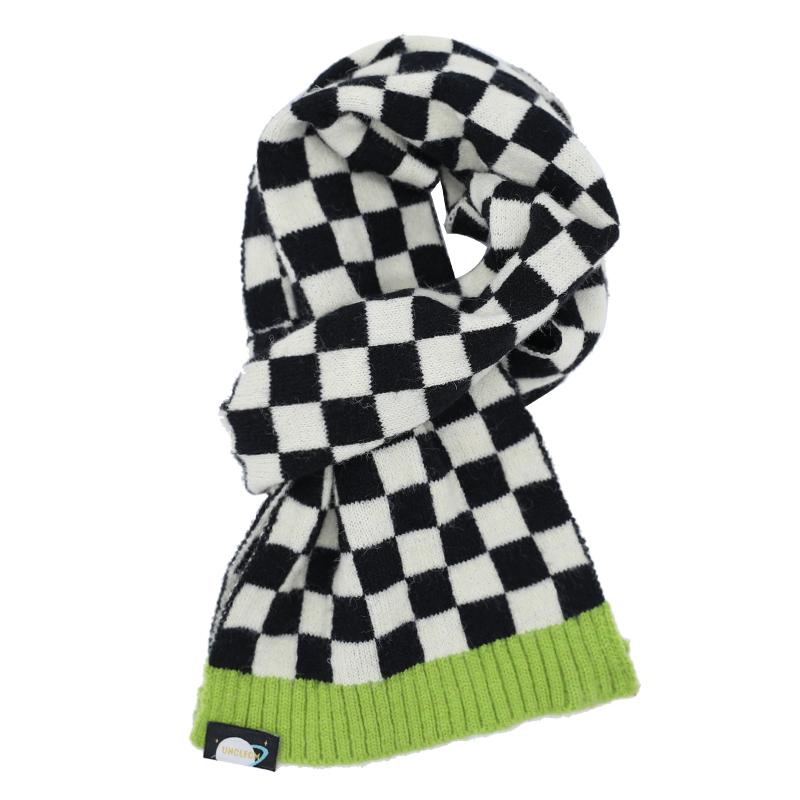 マフラー レディース チェック 秋冬 短め 韓国 暖かい ニット ネックウォーマー レトロ 市松模様 長方形 防寒 保温 おしゃれ アウトドア 白 黒