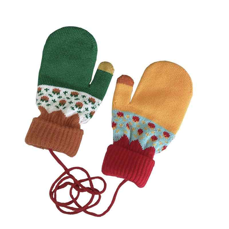 手袋 指なし ミトン 秋冬 レディース 暖かい ニット 紐付き 首掛け 防寒 保温 通学 自転車 アウトドア かわいい 小花柄 フリーサイズ 緑 黄色