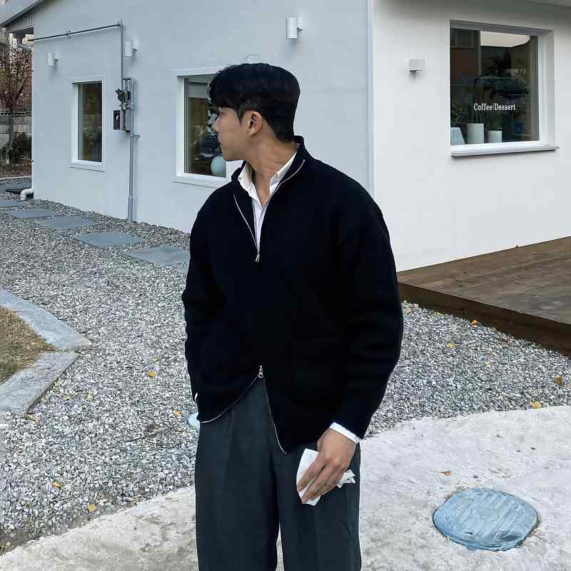 カーディガン メンズ 秋 カラフル 無地 スリムフィット 暖かい セーター シンプル 軽量 快適 韓国 長袖 黒 白 カジュアル おしゃれ おでかけ ジップアップ ハイネック