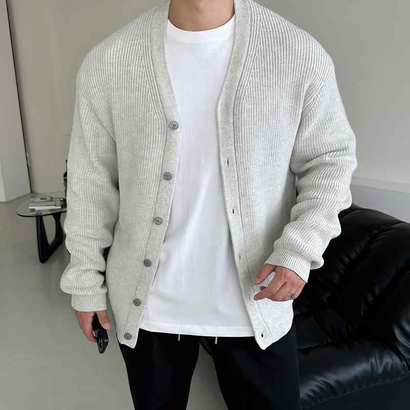 カーディガン メンズ 秋 春 Vネック ニット 韓国 ゆったり カジュアル セーター 柔らかい 快適 長袖 レジャー グレー 黒 シンプル 無地 おしゃれ 普段使い トップス