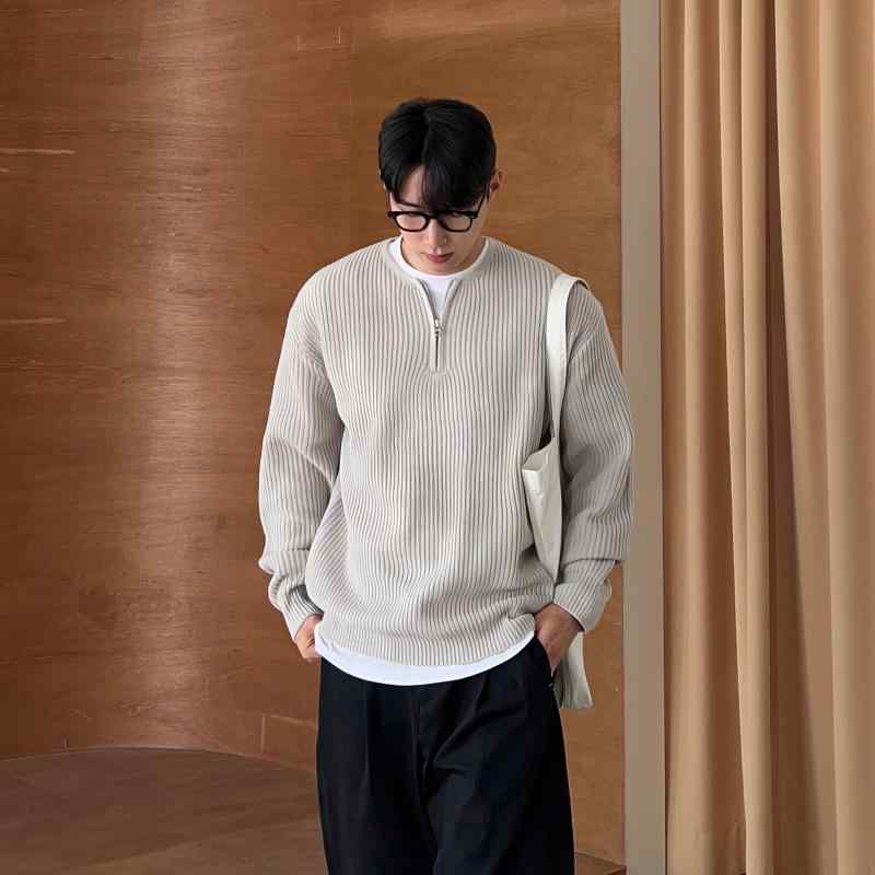 セーター メンズ 秋冬 韓国 大人 ラウンドネック ハーフジップアップ レトロ ゆったり プルオーバー トップス 長袖 カジュアル おしゃれ シンプル 無地 お出かけ ショッピング レジャー グレー 黒