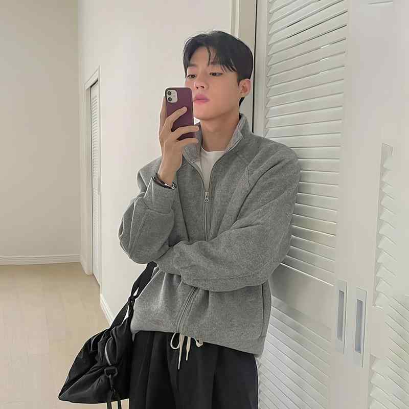 メンズ カーディガン ジャケット 男性 紳士 韓国 秋冬 ニット セーター カジュアル 普段使い ルーズ グレー ダブル ジッパー ラグランスリーブ スポーティー