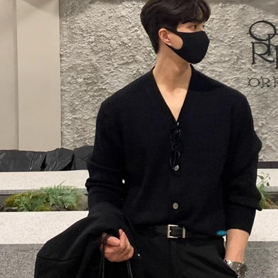 メンズ カーディガン ジャケット 男性 紳士 韓国 秋 ニット セーター カジュアル 普段使い ルーズ ゆったり Vネック 黒 グレー 無地 ケーブル リブ ボタン