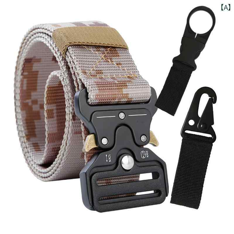 ベルト カジュアル メンズ キャンバス タクティカル クイックリリース 合金 バックル ナイロン ウエストバンド 引き締め アウトドア 幅広 迷彩柄 緑 茶 青