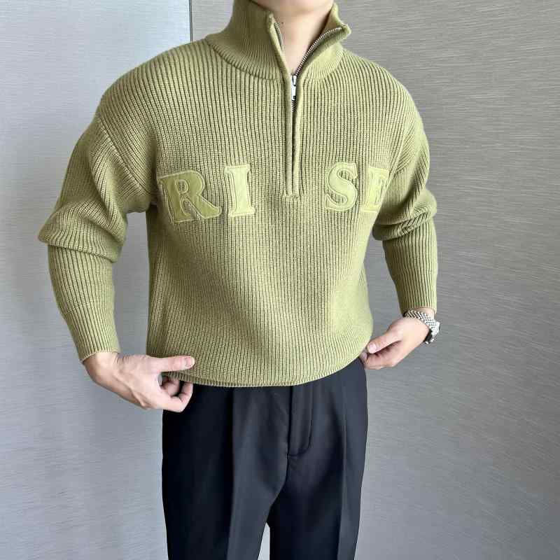ニット メンズ セーター 厚手 冬 ハーフジップ 柔らかい 暖かい シンプル カジュアル 英字 ロゴ 刺繍 韓国 ルーズ 普段使い アウトドア 長袖 緑 ベージュ 黒