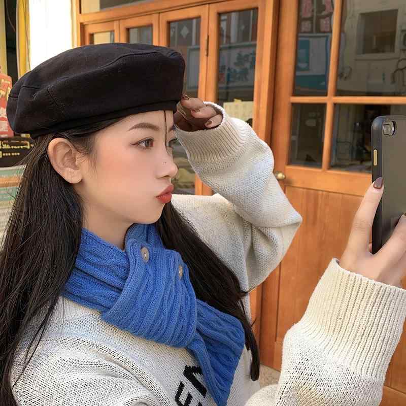 マフラー レディース 冬 細め 普段使い レジャー カジュアル 防寒 厚手 韓国 暖かい ボタン シンプル 無地 柔らかい 小さめ ケーブル編み 黒 青 紫