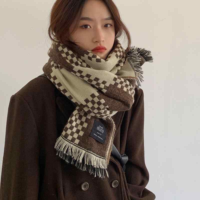 マフラー レディース ブラウン ニット スカーフ 韓国 暖かい ショール チェック柄 シンプル 学生 通勤 通学 カジュアル