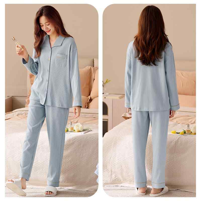 パジャマ レディース 冬 上下セット 春秋 綿 長袖 薄手 大きいサイズ ウエストゴム ポリウレタン 小さめ 青 黄色 緑 シンプル おしゃれ 前開き ポケット 柔らかい