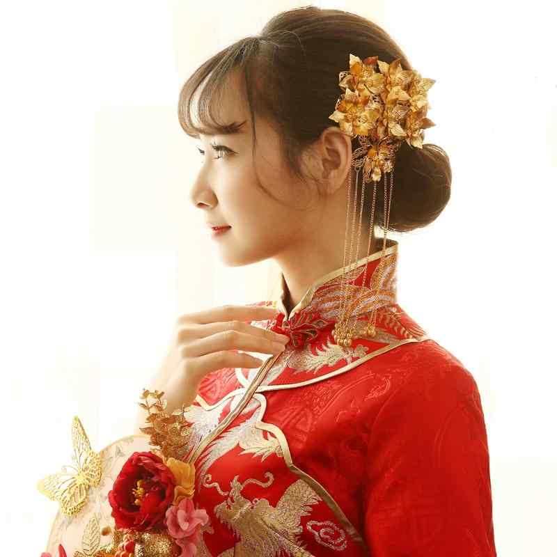 ヘアアクセサリー 中国 和装 髪飾り 結婚式 花 レトロ ブライダル ビーズ タッセル 合金 ゴールド 赤 ペア 振袖 シンプル 華やか ピン パーティー発表会