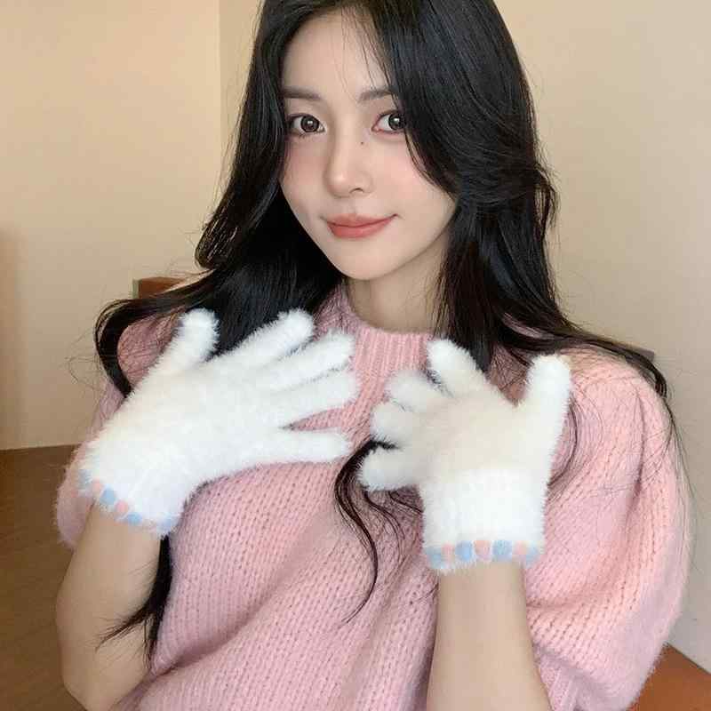 手袋 レディース かわいい 暖かい スマホ対応 5本指 冬 防寒 厚手 裏地付き ふわふわ ウール 通学 通勤 自転車 フリーサイズ ギフト 赤 白 黒