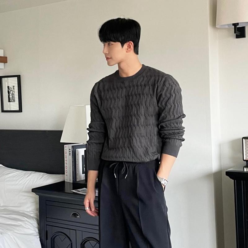 オシャレ セーター メンズ 男性 紳士 韓国 秋 ニット 長袖 ラウンドネック カジュアル 普段使い 白 グレー ケーブル 編み 風 リブ シンプル