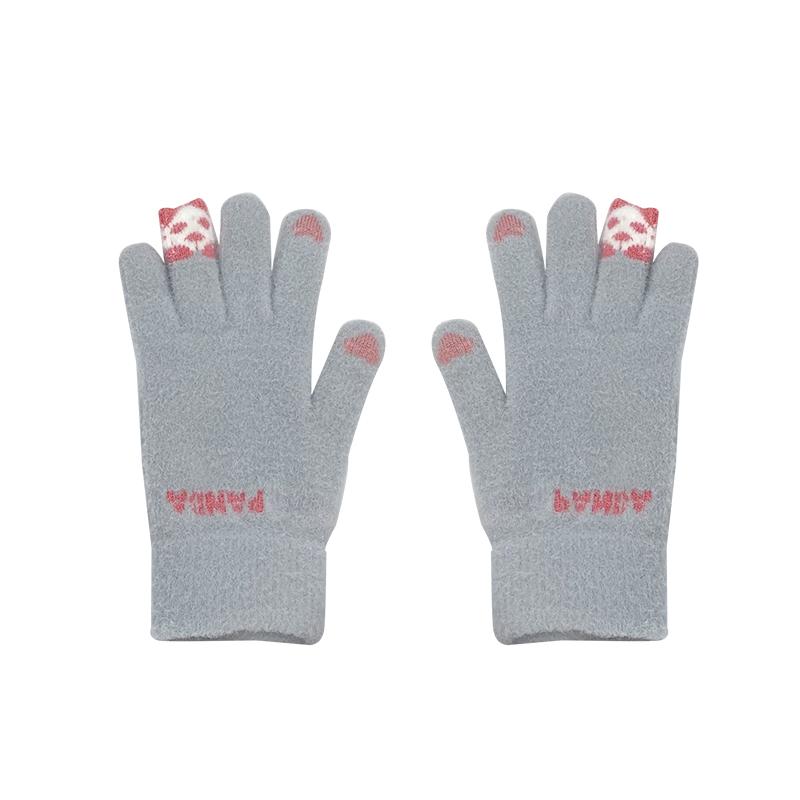 手袋 レディース 暖かい スマホ対応 5本指 裏起毛 冬 パンダ かわいい フリーサイズ 通学 自転車 防寒 ふわふわ 柔らかい グレー 青 ピンク