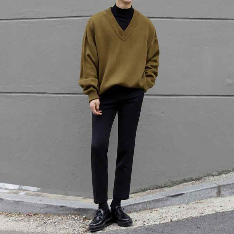 暖かい セーター メンズ Vネック プルオーバー 冬 厚手 韓国 無地 ビスコース ポリエステル ナイロン 黄緑 黒 おしゃれ 普段使い シンプル おでかけ トップス ゆったり