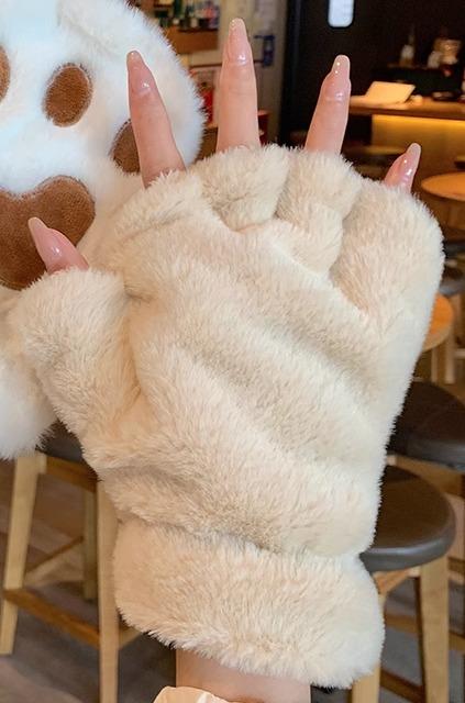 手袋 レディース スマホ対応 指なし 冬 暖かい もこもこ 厚手 裏ボア かわいい 猫の手 保温 通学 自転車 フリーサイズ ナイロン ベージュ グレー