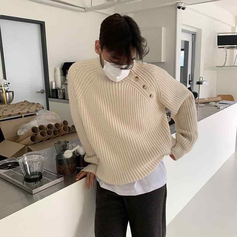 オシャレ セーター メンズ 男性 紳士 韓国 秋冬 厚手 暖かい ニット 長袖 トップス ボトルネック カジュアル 普段使い ルーズ ベージュ グレー 黒 無地 ボタン