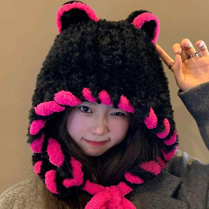 帽子 冬 耳当て付き 暖かい 厚手 ふわふわ ウール ニット帽 レディース 韓国 小顔効果 柔らかい 防寒 保温 フリーサイズ かわいい くま 10代 黒