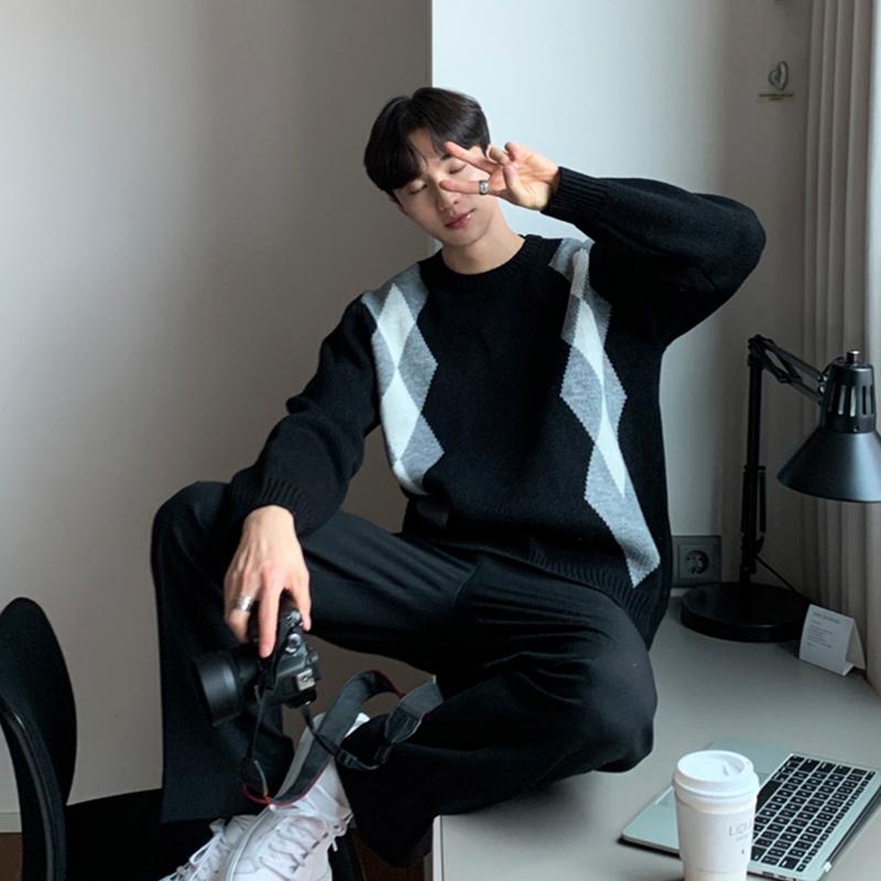 セーター メンズ おしゃれ 秋冬 ランドネック 長袖 ニット プルオーバー カラーブロック カジュアル トップス 菱形柄 上品 普段使い 黒