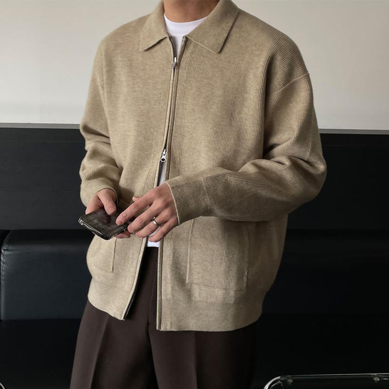 カーディガン メンズ ファスナー 襟付き 厚手 ジップアップ ニット ジャケット レトロ オーバーサイズ 長袖 シンプル 無地 おしゃれ カジュアル カーキ グレー 黒