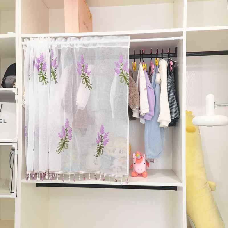 突っ張り棒 カーテン 目隠し クローク 防塵 ショート 間仕切り 白 ビーズ シンプル 薄手 ラベンダー おしゃれ モダン ポリエステル 簡単 刺繍ポールはなしりです