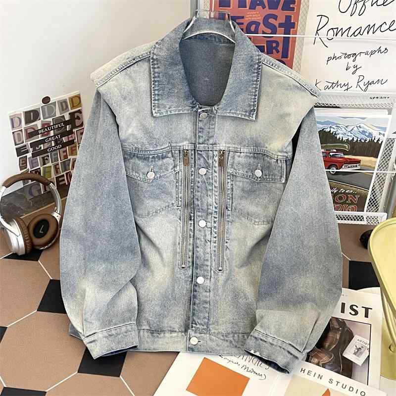 デニムジャケット メンズ レディース 大きいサイズ ゆったり 春秋 ウォッシュ加工 ヴィンテージ風 襟 シングルブレスト ボタン ポケット ジッパー カジュアル おしゃれ 青