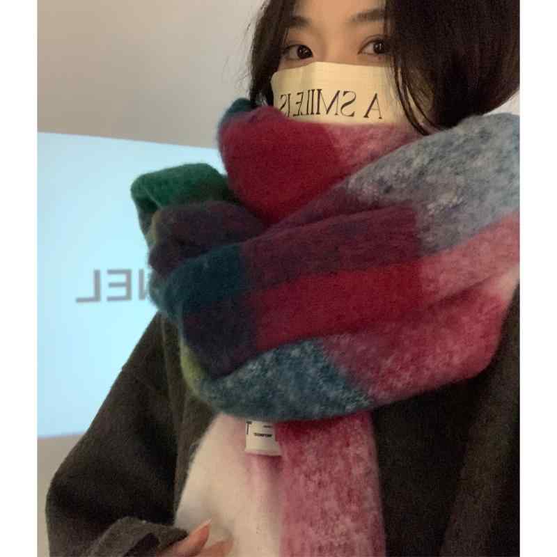 マフラー レディース かわいい 女性 婦人 ティーン 韓国 冬 厚手 暖かい 保温 ショール カジュアル 普段使い 通勤 通学 ギフト 赤 カラフル チェック 柄 フリンジ