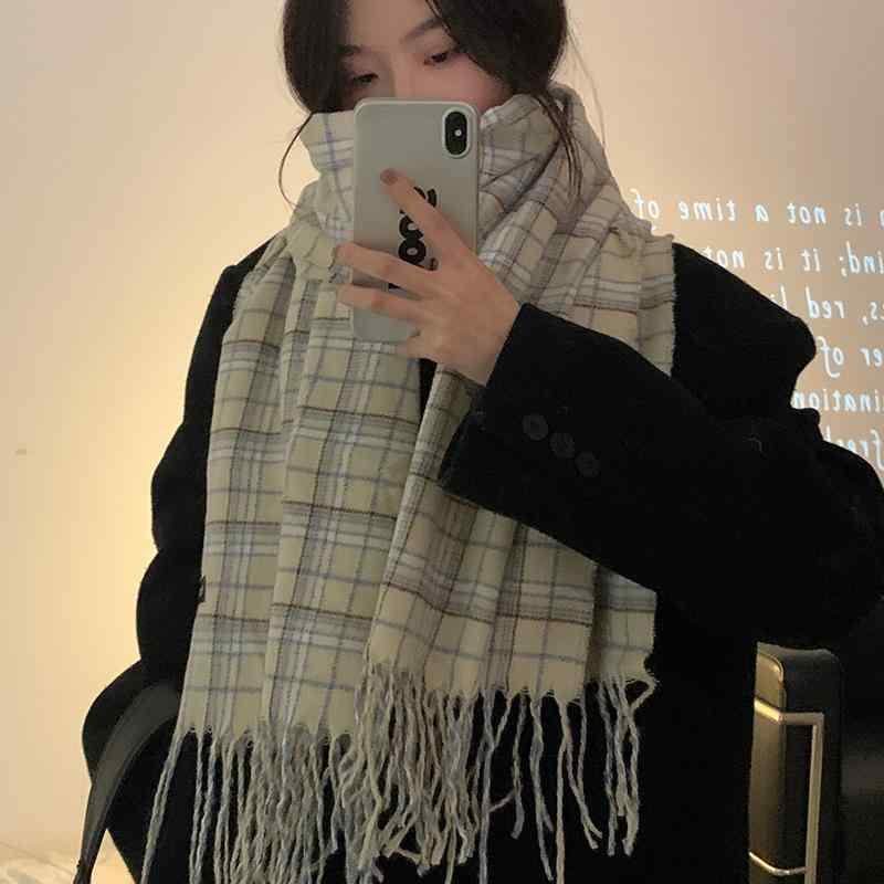 マフラー レディース かわいい 女性 婦人 ティーン 韓国 冬 暖かい 保温 ショール カジュアル 普段使い 通勤 通学 オフィス アイボリー フリンジ タータン チェック 柄