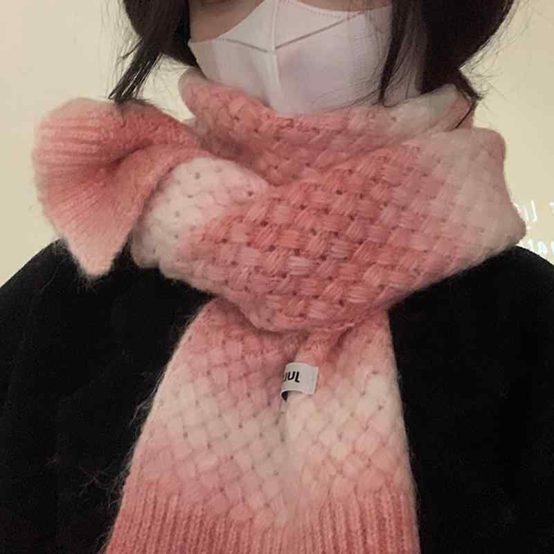 マフラー レディース かわいい 女性 婦人 ティーン 韓国 冬 ウール 厚手 暖かい 保温 カジュアル 普段使い 通勤 通学 ギフト 赤 緑 紫 グラデーション 編み目 リブ