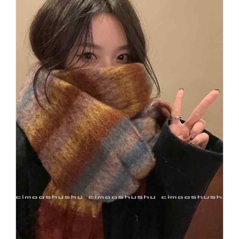 マフラー レディース かわいい 女性 婦人 ティーン 韓国 冬 厚手 暖かい 保温 防寒 ショール カジュアル 普段使い 通勤 通学 単品 ギフト 袋付き レトロ 茶色 グレー カラフル モノトーン ボーダー 柄 フリンジ