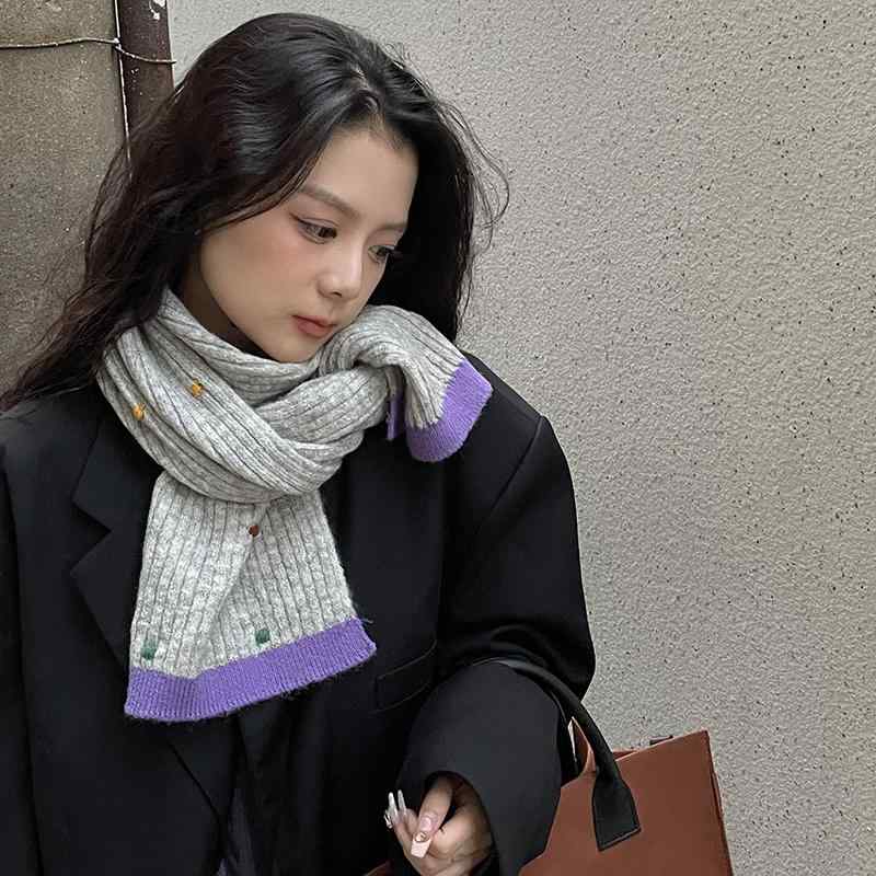 マフラー レディース かわいい 女性 婦人 ティーン 韓国 冬 ウール 暖かい 保温 ショール カジュアル 普段使い 通勤 通学 単品 ギフト 茶色 グレー 白 リブ ドット ライン シンプル