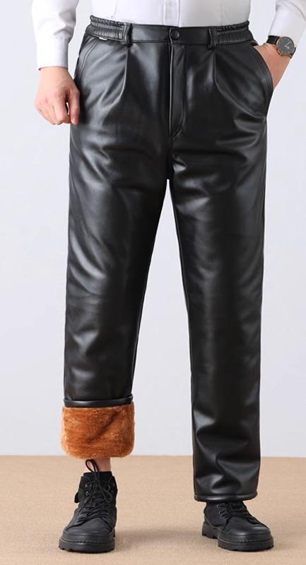 裏ボア フェイクレザー パンツ メンズ 厚手 暖かい PU 防風防水 大きいサイズ ライディング バイク デリバリー 運転用 膝 腰 サポート ゆったり 伸縮性 カジュアル