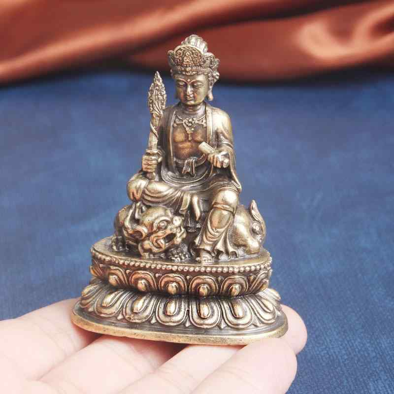 置物 インテリア 真鍮 文殊 菩薩 仏像 装飾 銅 鋳物 礼拝 骨董 工芸品 小さめ 軽量 精巧 リアル 彫刻 リビング 玄関 レイアウト チャイナ風117g