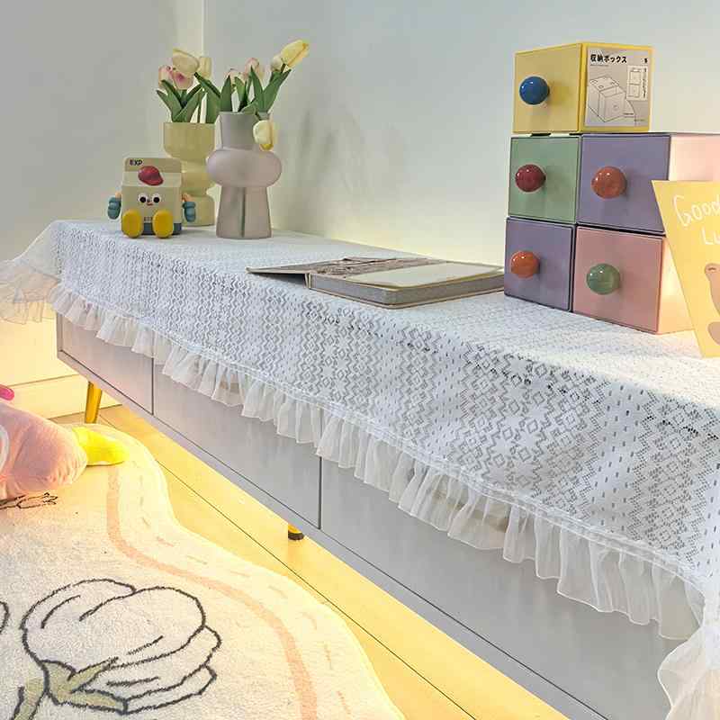 カバー 布 レトロ 白 レース テレビ キャビネット ロング マット 装飾 防塵 柔らかい 刺繍 シアー フリル おしゃれ インテリア 四角 シフォン