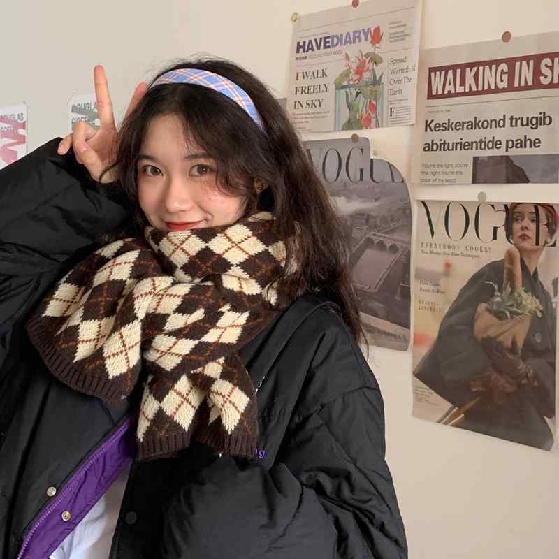 マフラー レディース 秋冬 ニット ウール チェック柄 厚手 暖かい 長方形 カジュアル 韓国 かわいい 防風 防寒グッズ 通勤 通学 お出かけ 赤 茶色