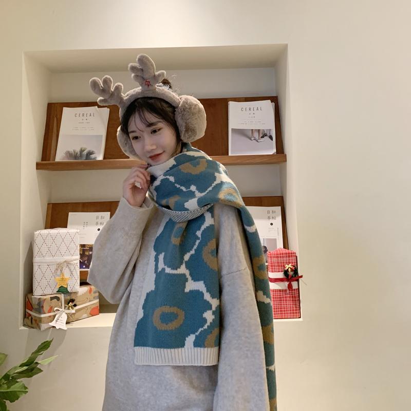 マフラー レディース 韓国 ニット 花柄 レトロ 秋冬 カジュアル 厚手 暖かい おしゃれ 防風 防寒グッズ 通学 通勤 お出かけ プレゼント クリスマス 誕生日 青