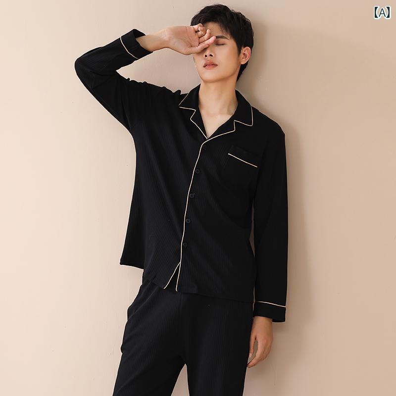 パジャマ メンズ 長袖 秋冬 上下セット コットン ルームウェア 前開き ボタン ウエストゴム ゆったり カジュアル 無地 シンプル 外出可能 黒