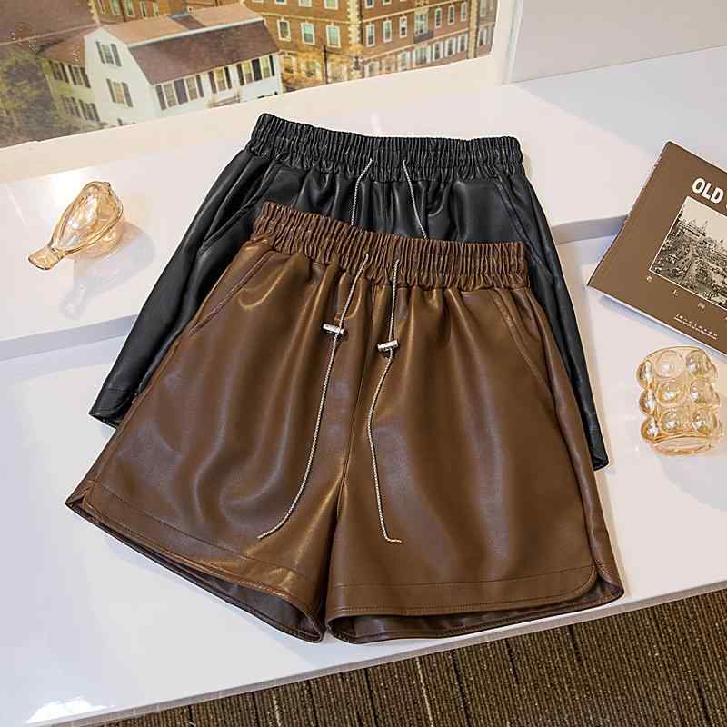 レディース レザー ショートパンツ 大きいサイズ ハイウエスト スリム Aライン 秋冬 PU ワイドレッグ 韓国 カジュアル ゆったり シンプル おしゃれ 普段使い