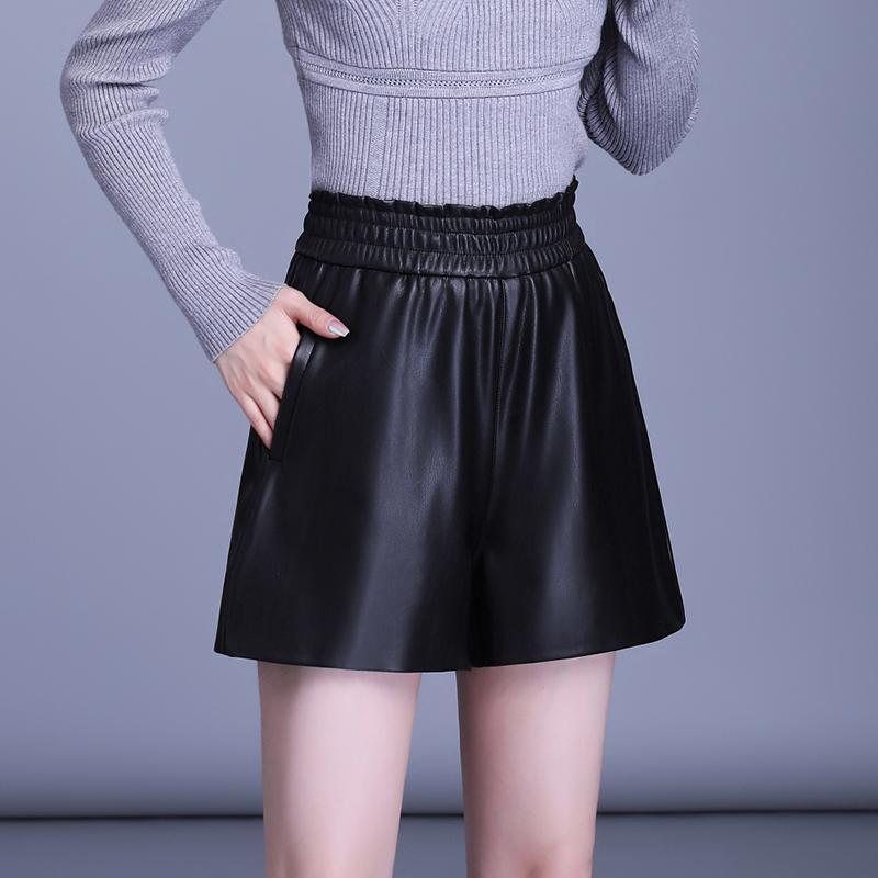 レディース レザー ショートパンツ 革 秋冬 ハイウエスト ワイドレッグ シープスキン ゆったり 普段使い ポケット 黒 グレー カーキ シンプル おしゃれ 大きいサイズ