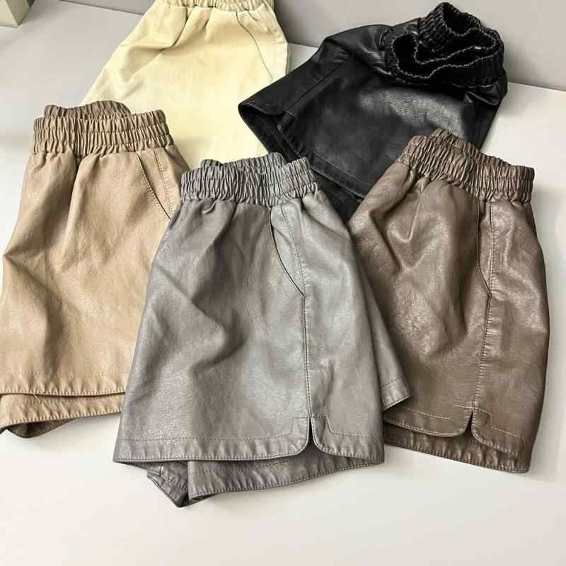 レザーショートパンツ 大人 レディース 普段使い 外出用 ウエストゴム ポケット 秋冬 PU ゆったり 着痩せ シンプル 無地 おしゃれ 黒 グレー カーキ