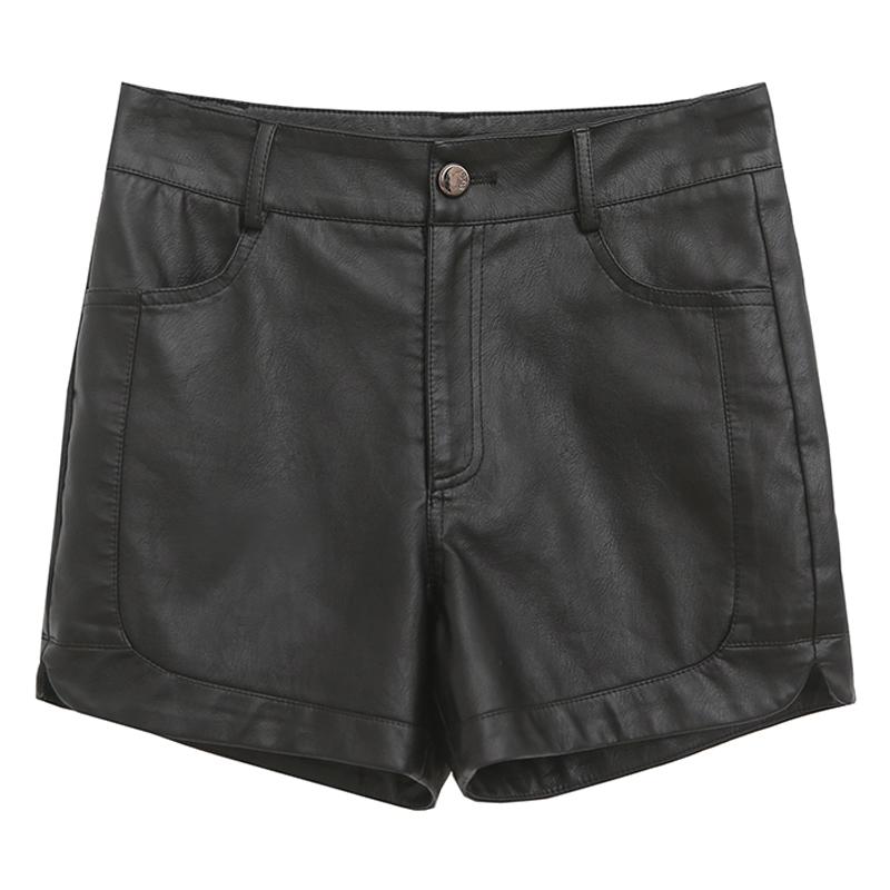 レザーショートパンツ 大人 レディース 秋冬 羊革 大きいサイズ スリムフィット ボタン ポケット ハイウエスト シンプル 無地 おしゃれ 黒
