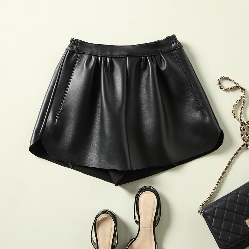 レザーショートパンツ 大人 レディース 大きいサイズ ゆったり ウエストゴム 羊革 ワイド 体型カバー 普段使い 外出用 シンプル 無地 おしゃれ 黒