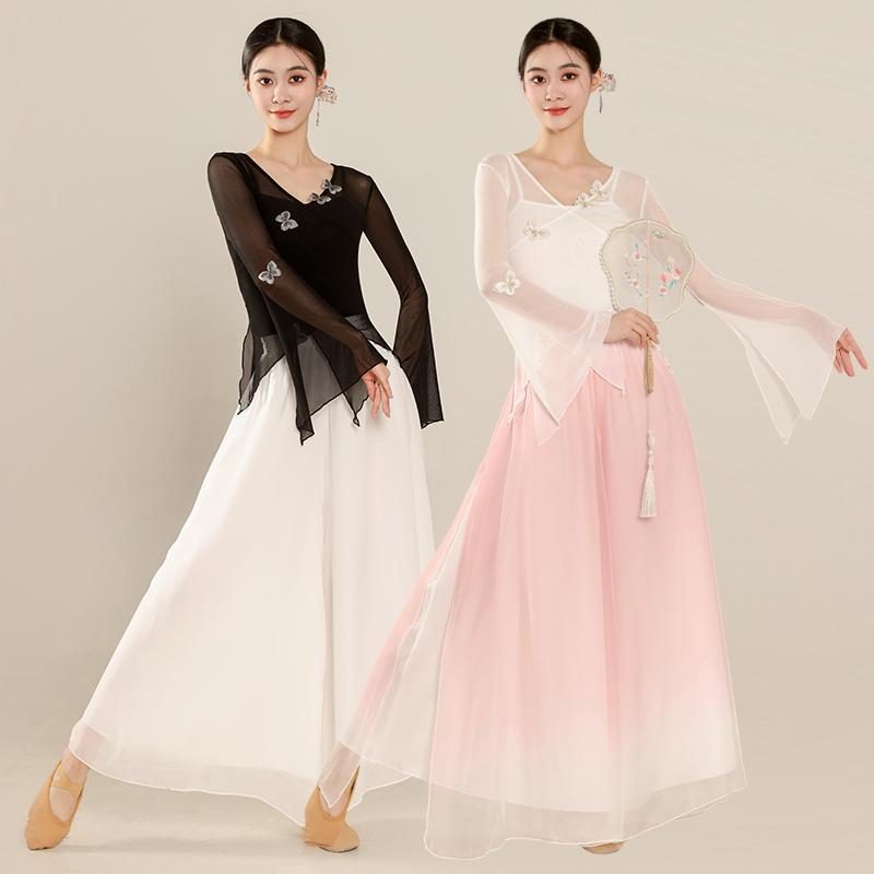 3点セット：蝶モチーフシースルートップス+シフォンスカートパンツ+キャミソール2点セット：蝶モチーフシースルートップス+キャミソール