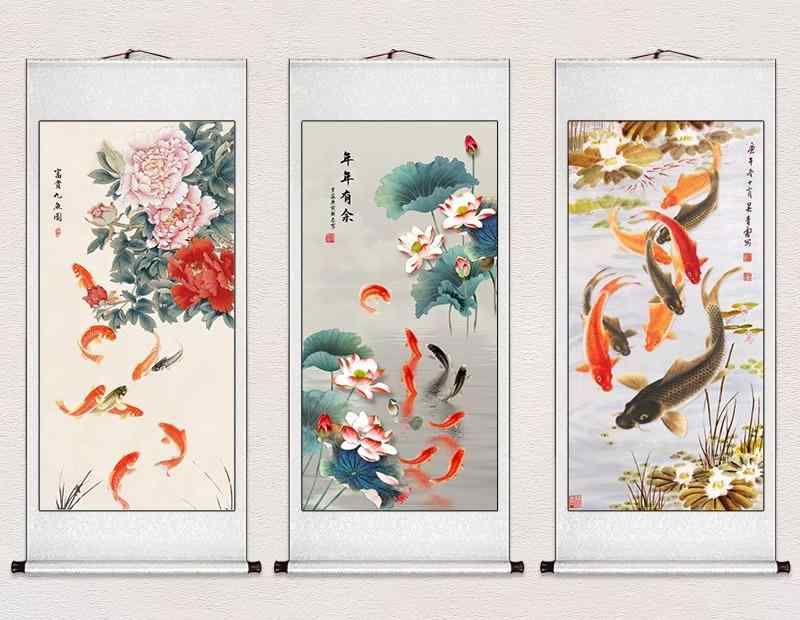 中国 掛け軸 かけもの スクロール アジアン 壁飾り 装飾 絵画 芸術 巻き物 床の間 リビング 廊下 玄関 ブロケード 牡丹 鯉 蓮 無垢材 シルキー加工
