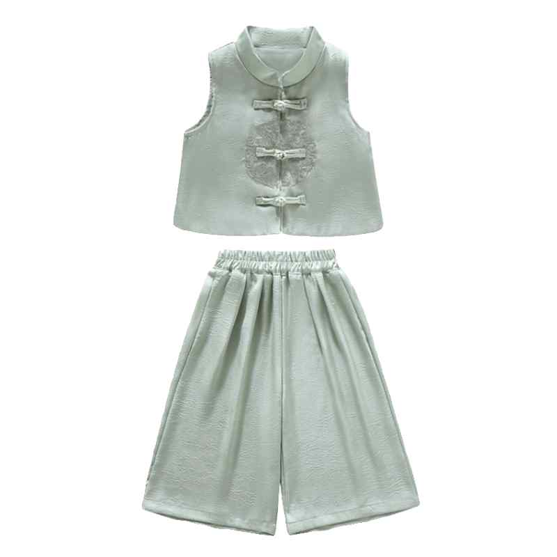 漢服 こども 女の子 刺繍 夏 エスニック 緑 ピンク 薄手 セットアップ ウエストゴム ノースリーブ パンツ ゆったり おしゃれ 普段使い プレゼント おでかけ