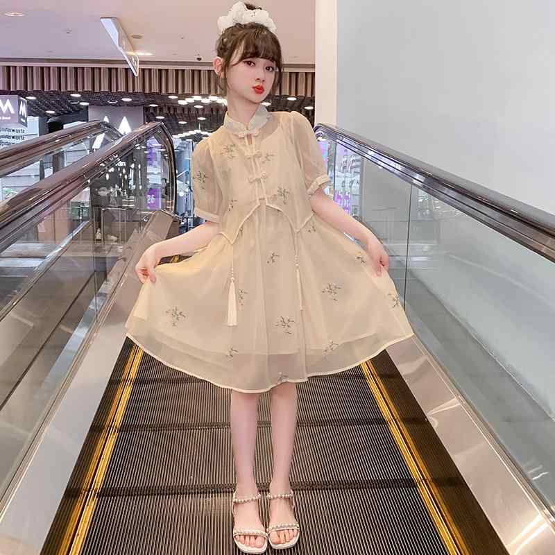 漢服 こども 女の子 夏 スカート アイボリー シンプル おしゃれ おでかけ シースルー 花柄 ワンピース 普段使い 誕生日 プレゼント 柔らかい 通気性